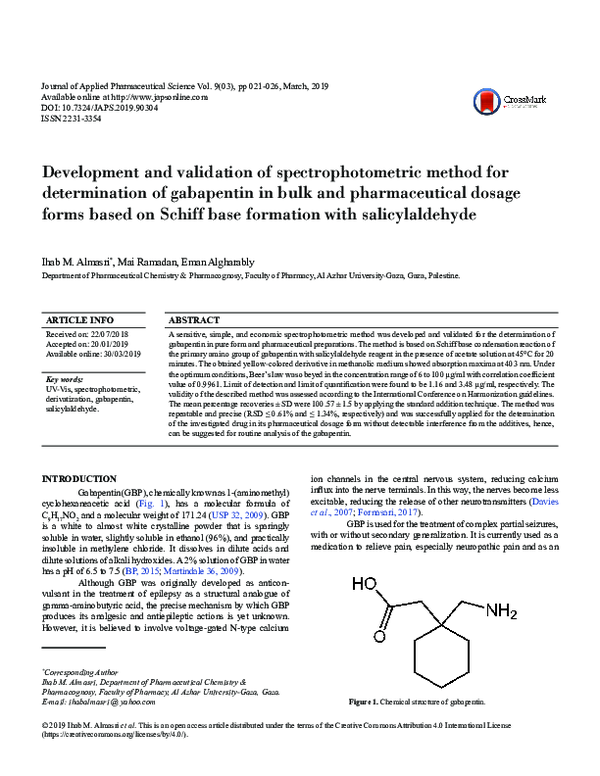 (PDF) Development and validation of spectrophotometric method for determination of gabapentin in ...