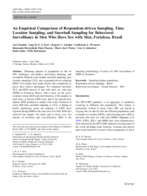Pdf An Empirical Comparison Of Respondent Driven Sampling Time 0507