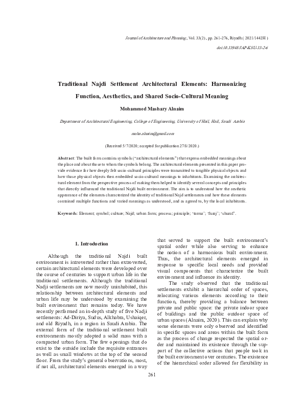 (PDF) Traditional Najdi Settlement Architectural Elements: Harmonizing ...