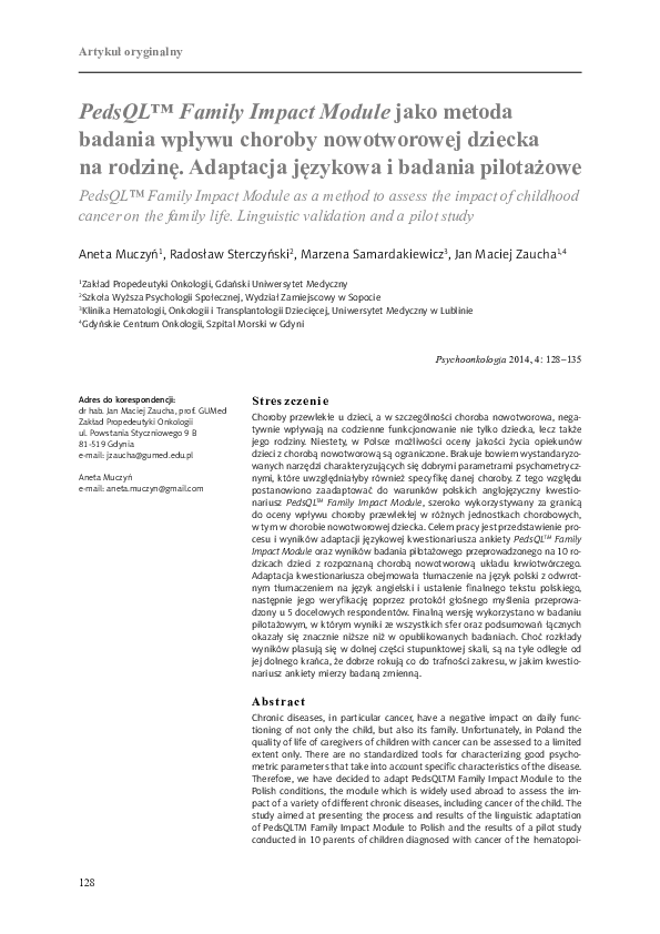 (PDF) PedsQL TM Family Impact Module as a method to assess the impact ...
