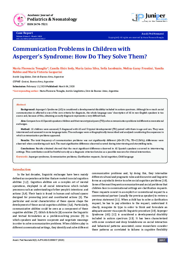 (PDF) Communication Problems in Children with Asperger’s Syndrome: How Do They Solve Them?