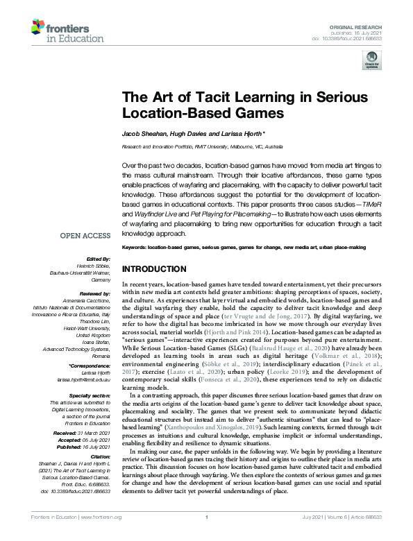 (PDF) The Art of Tacit Learning in Serious Location-Based Games