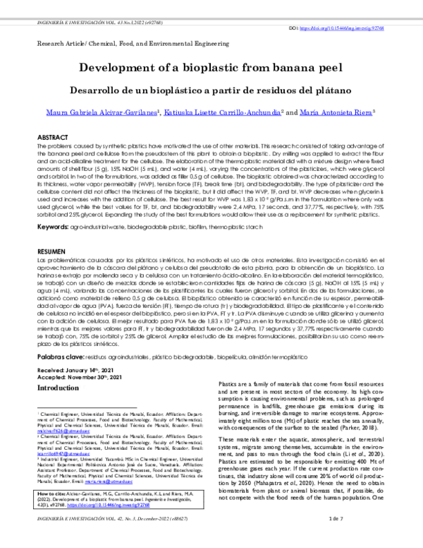 (PDF) Development of a bioplastic from banana peel