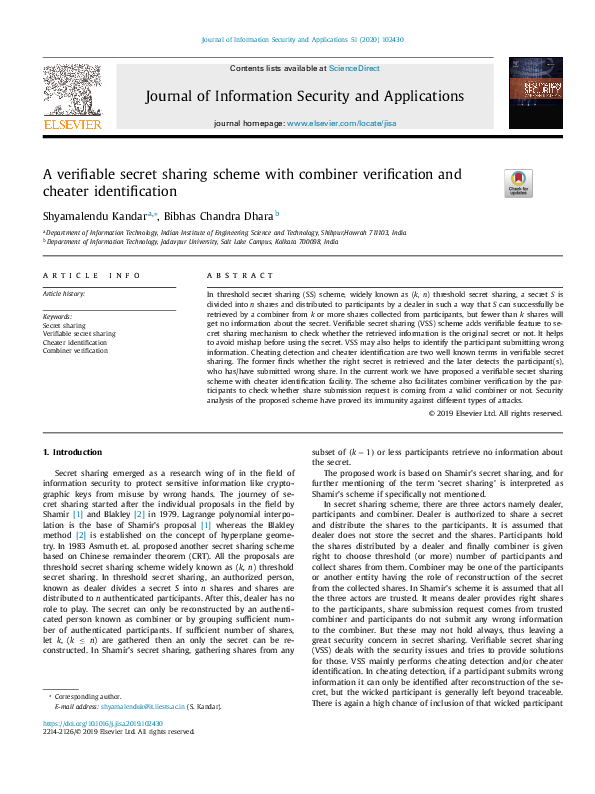 (PDF) A verifiable secret sharing scheme with combiner verification and ...