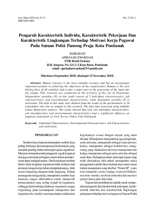 (PDF) Pengaruh Karakteristik Individu, Karakteristik Pekerjaan dan Karakteristik Lingkungan ...