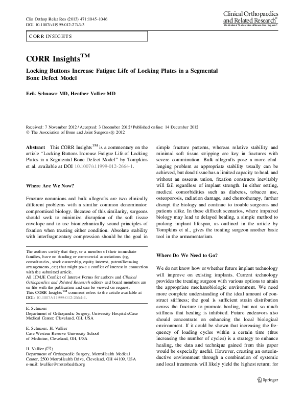 (PDF) CORR Insights™: Locking Buttons Increase Fatigue Life of Locking ...