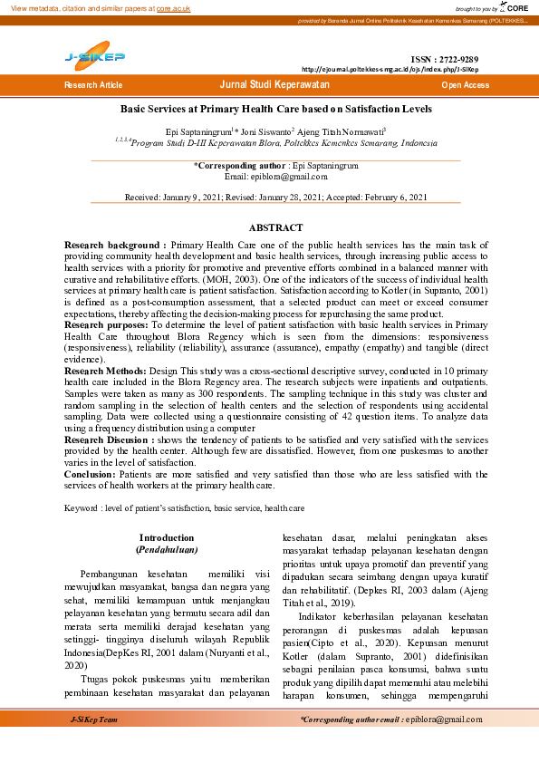 (PDF) Basic Services at Primary Health Care based on Satisfaction Levels