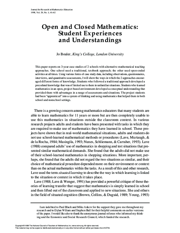 (PDF) Open and Closed Mathematics: Student Experiences and Understandings