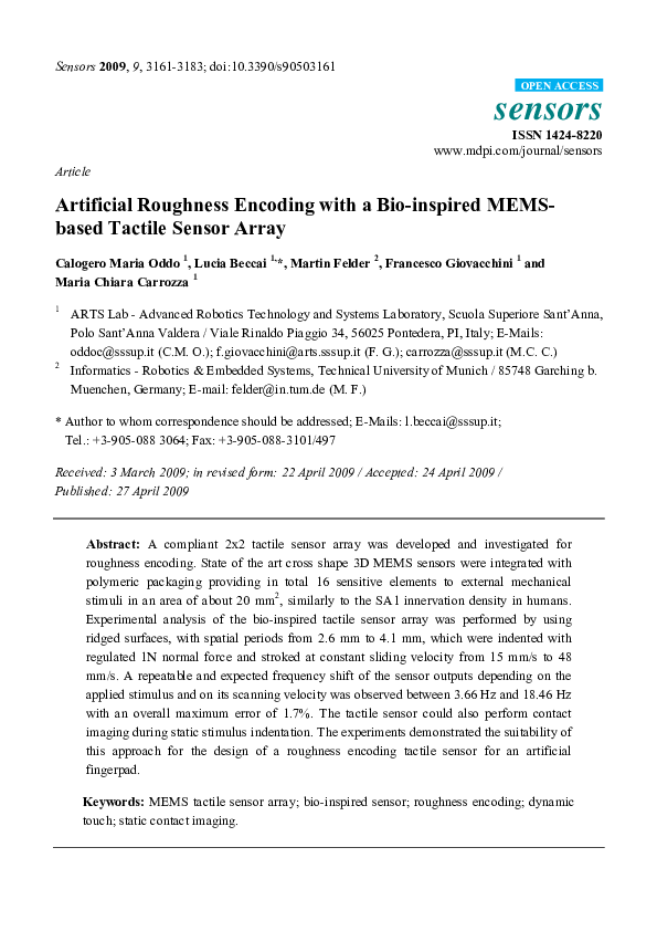 (PDF) Artificial roughness encoding with a bio-inspired MEMS-based tactile sensor array