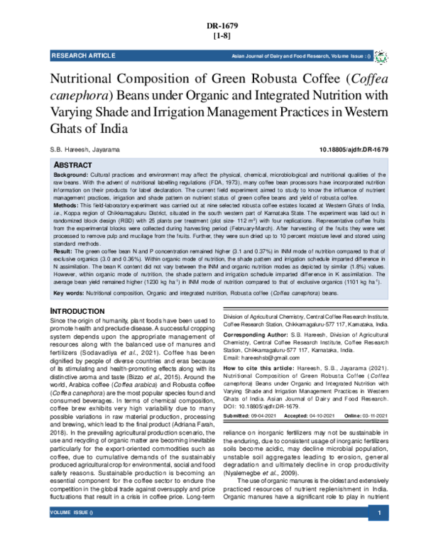 (PDF) Nutritional Composition of Green Robusta Coffee (Coffea canephora ...