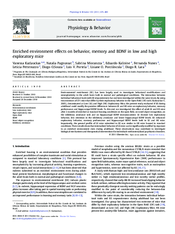 (PDF) Enriched environment effects on behavior, memory and BDNF in low ...