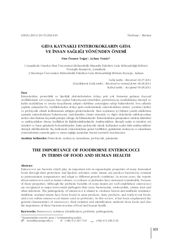 (PDF) Gıda Kaynaklı Enterokokların Gıda ve İnsan Sağlığı Yönünden Önemi