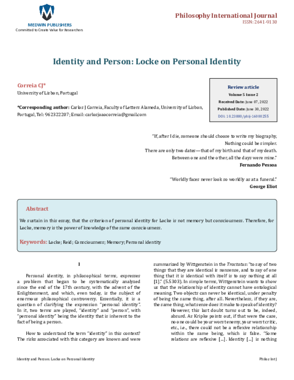 (PDF) Identity and Person: Locke on Personal Identity