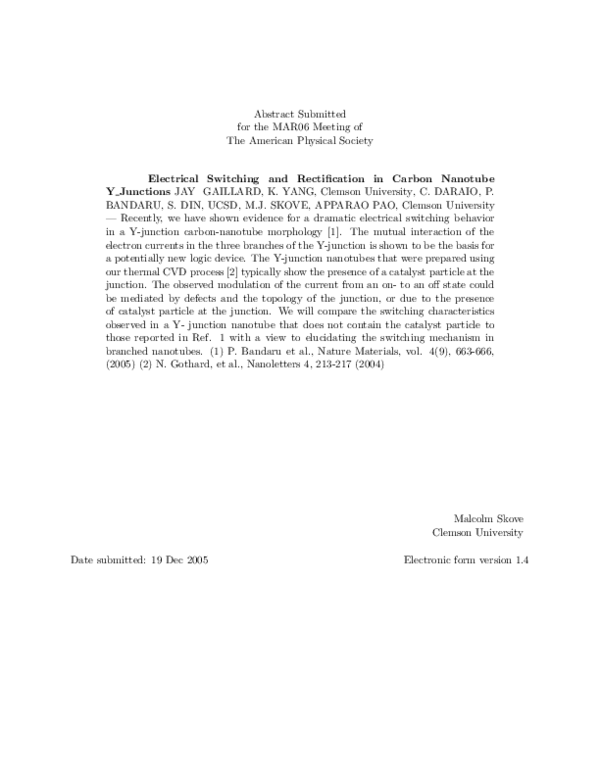 (PDF) Electrical Switching and Rectification in Carbon Nanotube Y ...