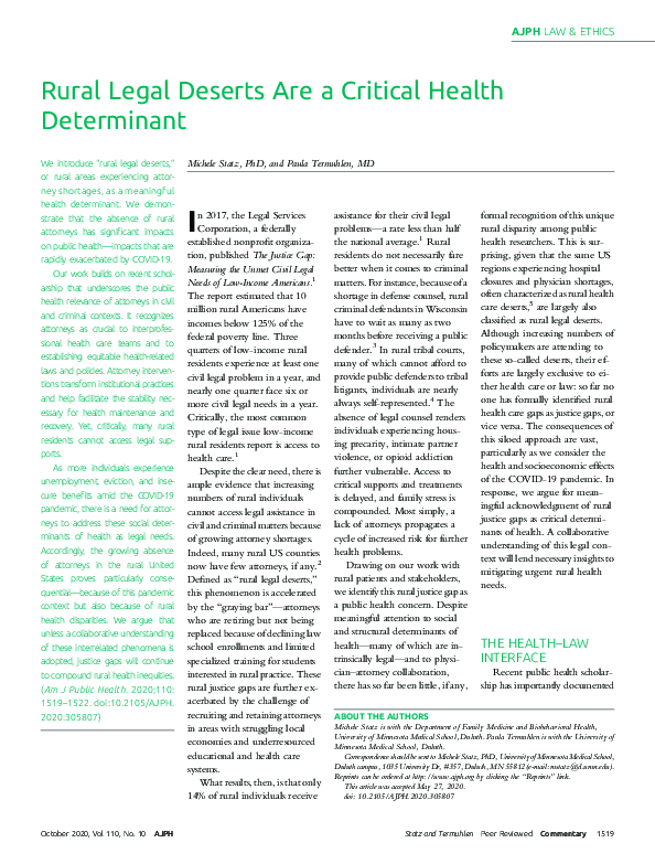 (PDF) Rural Legal Deserts Are a Critical Health Determinant