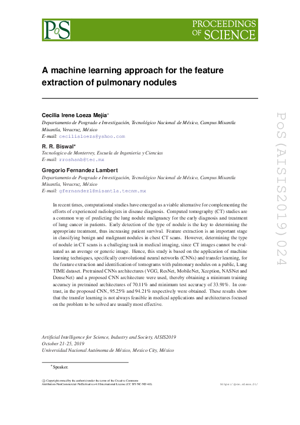 (PDF) A machine learning approach for the feature extraction of pulmonary nodules