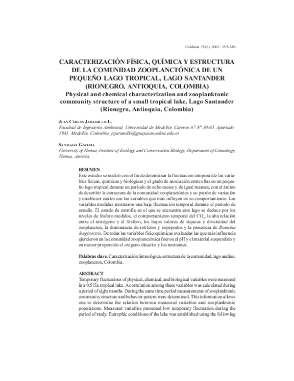 (PDF) Caracterización física, química y estructura de la comunidad zooplanctónica de un pequeńo ...