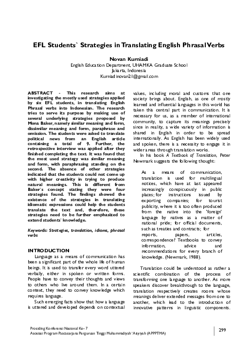 (PDF) EFL Students` Strategies in Translating English Phrasal Verbs