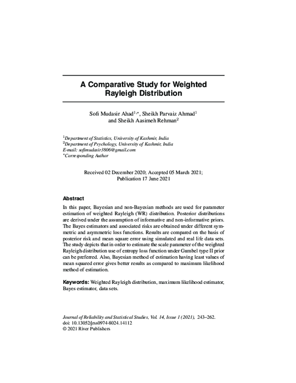 (PDF) A Comparative Study for Weighted Rayleigh Distribution | aasimeh rehman - Academia.edu
