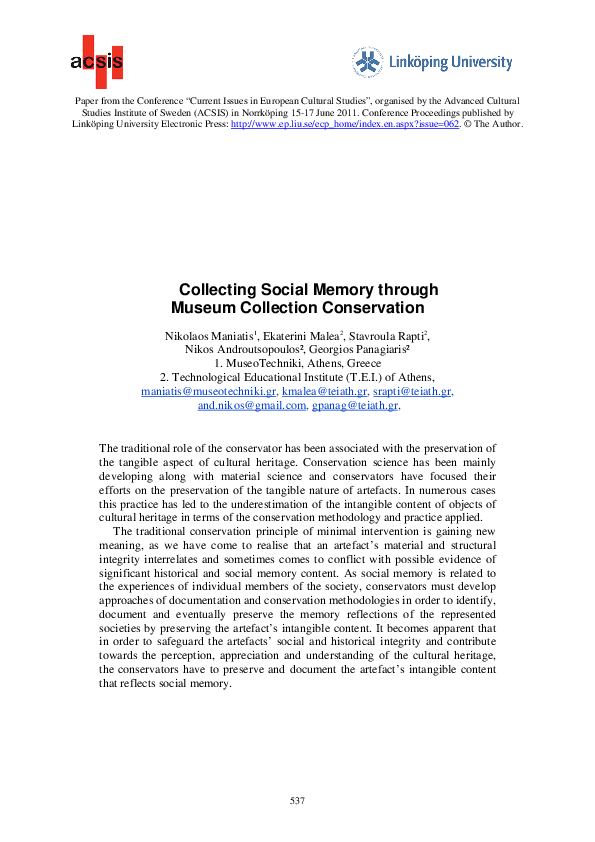 (PDF) Collecting Social Memory through Museum Collection Conservation
