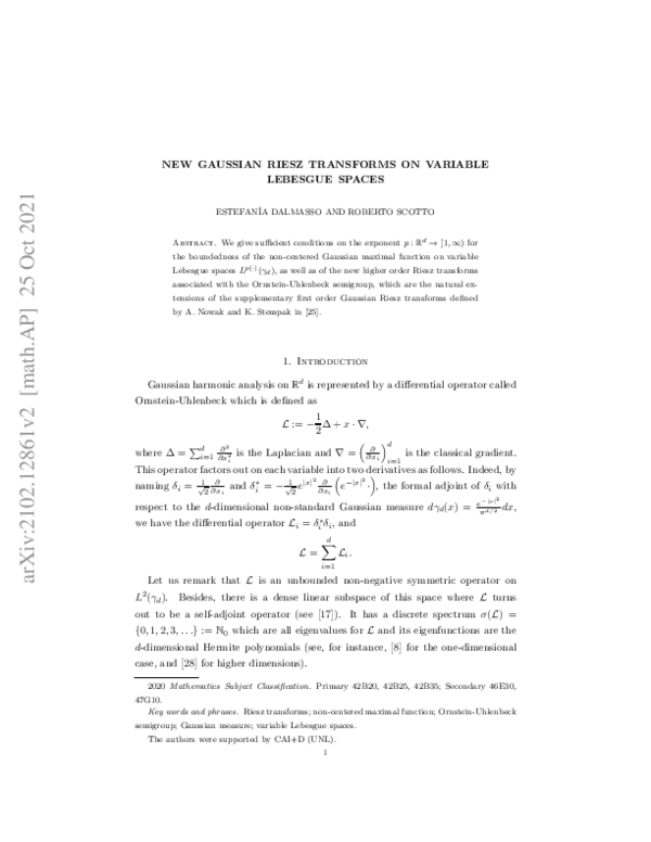 Pdf New Gaussian Riesz Transforms On Variable Lebesgue Spaces Estefanía Dalmasso