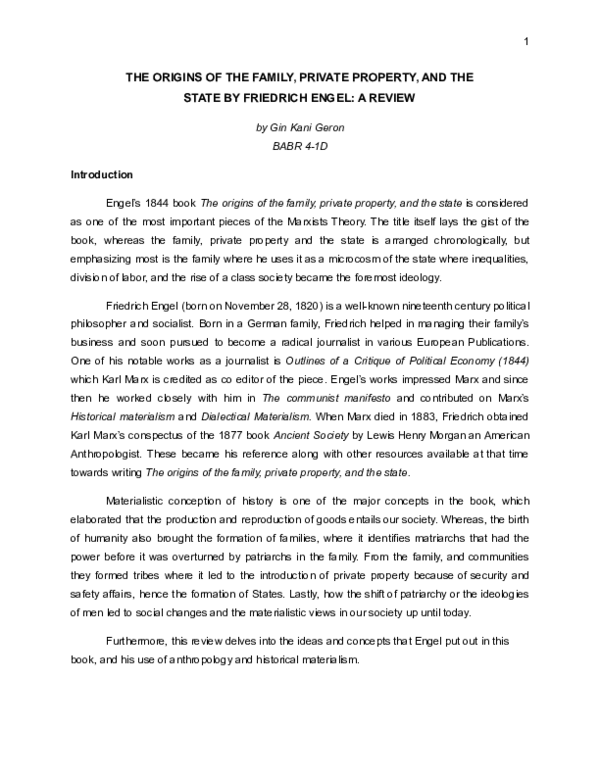 (PDF) THE ORIGINS OF THE FAMILY, PRIVATE PROPERTY, AND THE STATE BY ...
