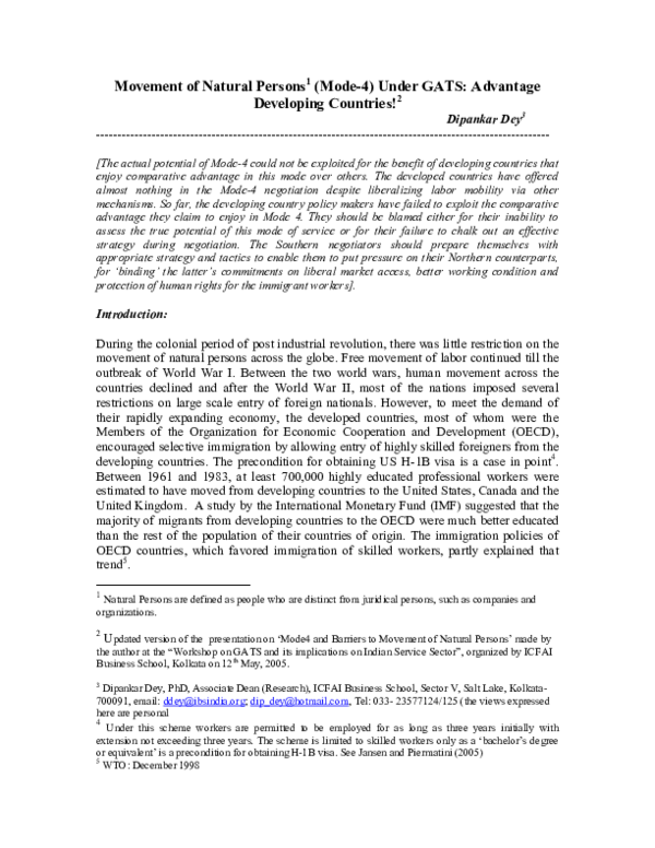 (PDF) Movement of Natural Persons (Mode-4) Under GATS: Advantage ...