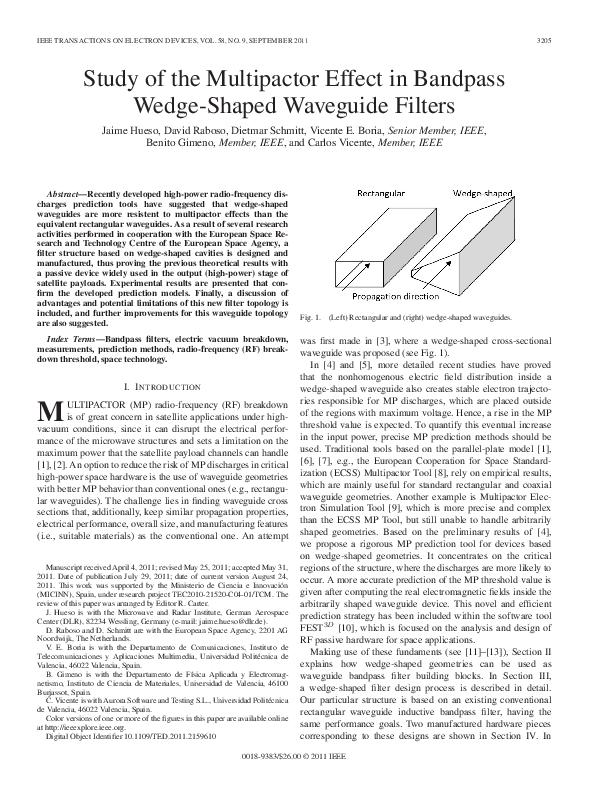 (PDF) Study of the Multipactor Effect in Bandpass Wedge-Shaped Waveguide Filters