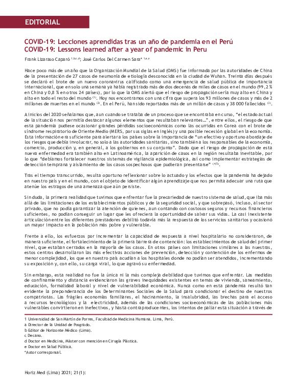 (PDF) COVID-19: Lecciones aprendidas tras un año de pandemia en el Perú ...