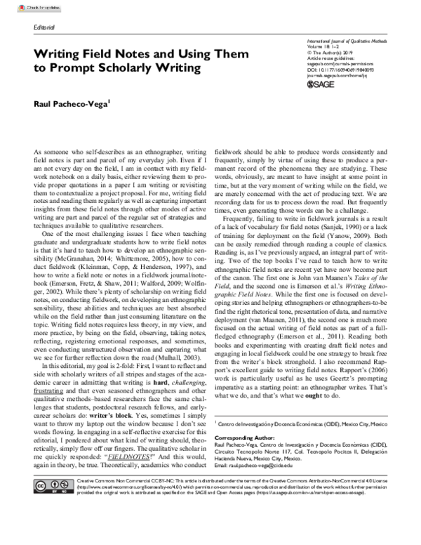 (PDF) Writing Field Notes and Using Them to Prompt Scholarly Writing