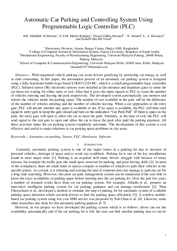 (PDF) Automatic Car Parking and Controlling System Using Programmable Logic Controller (PLC)