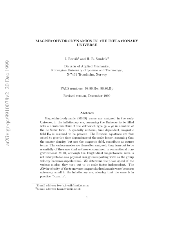 (PDF) Magnetohydrodynamics in the inflationary universe
