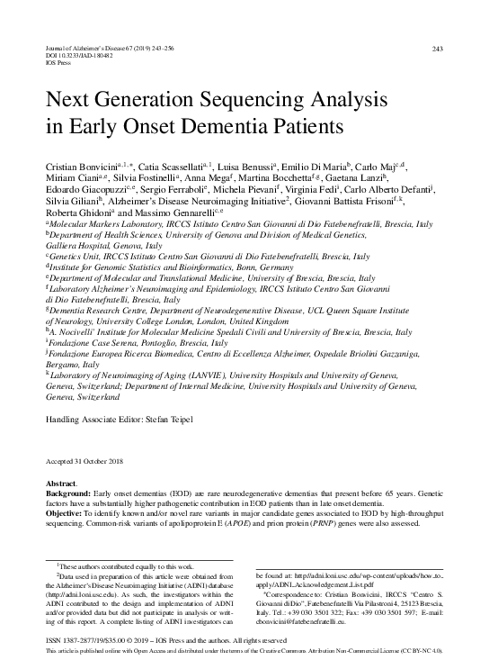 (PDF) Next Generation Sequencing Analysis in Early Onset Dementia Patients