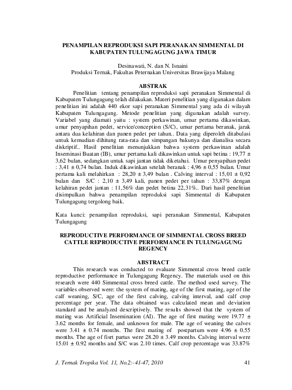 (PDF) Penampilan Reproduksi Sapi Peranakan Simmental DI Kabupaten ...
