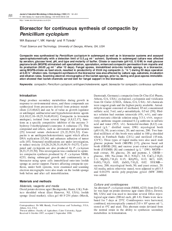 (PDF) Bioreactor for continuous synthesis of compactin by Penicillium ...