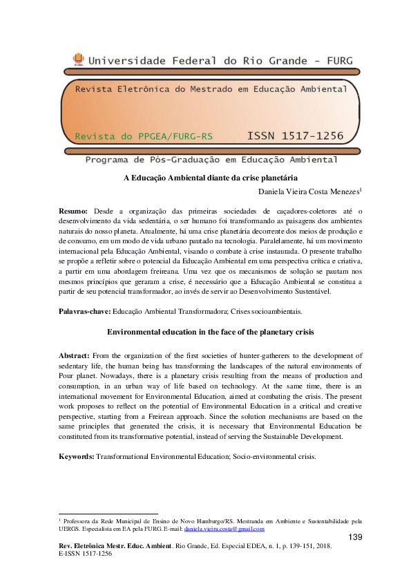 (PDF) A Educação Ambiental diante da crise planetária Environmental ...