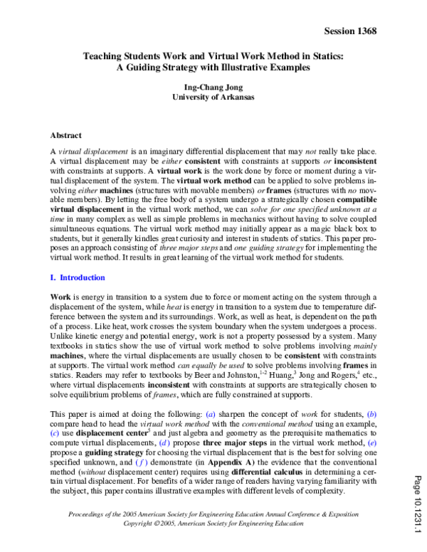 (PDF) Teaching Students Work and Virtual Work Method in Statics: A ...
