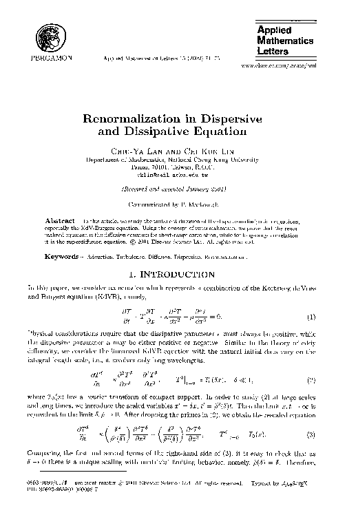 (PDF) Renormalization in dispersive and dissipative equation