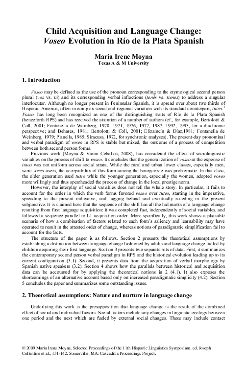 (PDF) Child Acquisition and Language Change: Voseo Evolution in Río de ...