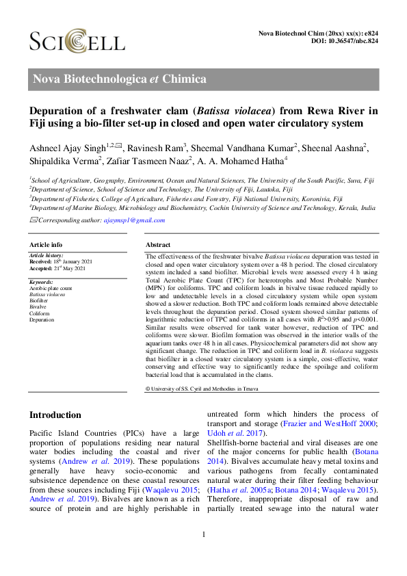 (PDF) Depuration of a Freshwater Clam (Batissa Violacea) from Rewa ...