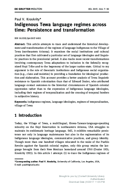(PDF) Indigenous Tewa language regimes across time: Persistence and ...