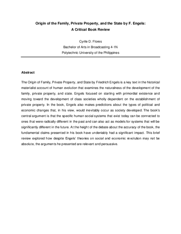 (PDF) A Critical Book Review on The Origin of the Family, Private ...