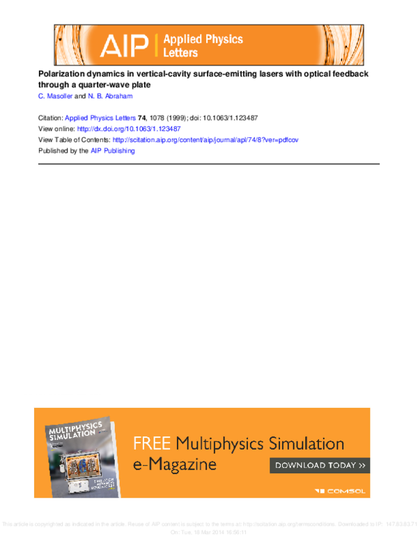 (PDF) Polarization dynamics in vertical-cavity surface-emitting lasers with optical feedback ...