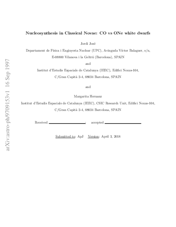 (PDF) Nucleosynthesis in Classical Novae: ONe vs. CO White Dwarfs