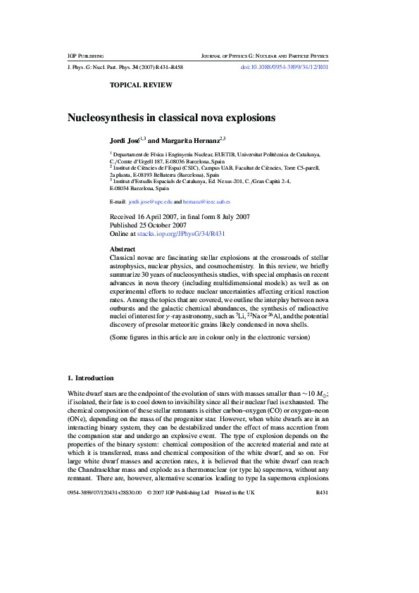 (PDF) Nucleosynthesis in classical nova explosions