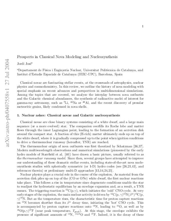 (PDF) Prospects in Classical Nova Modeling and Nucleosynthesis