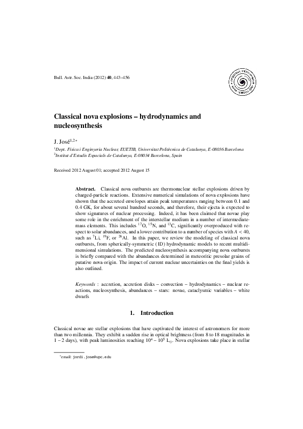 (PDF) Classical nova explosions -- hydrodynamics and nucleosynthesis