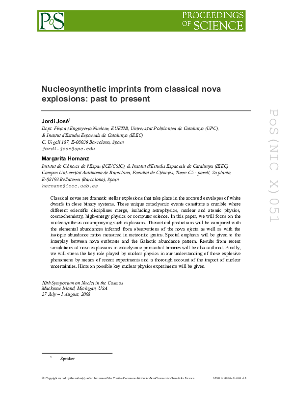 (PDF) Nucleosynthetic imprints from classical nova explosions: past to ...