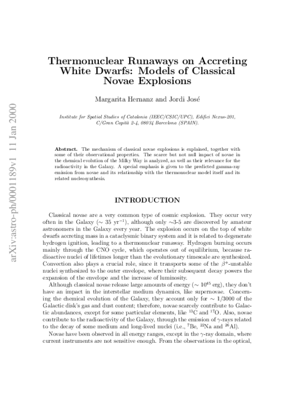 (PDF) Thermonuclear runaways on accreting white dwarfs: Models of ...