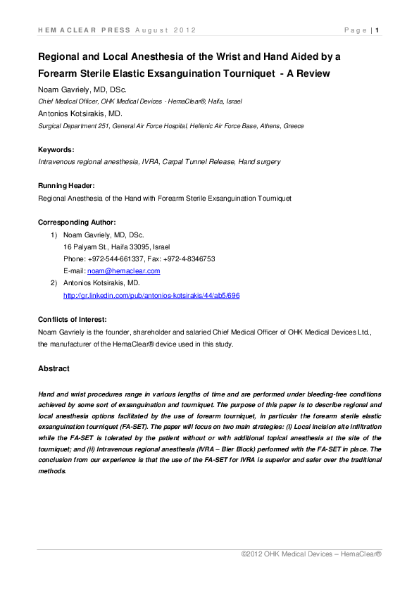 (PDF) Regional and Local Anesthesia of the Wrist and Hand Aided by a ...